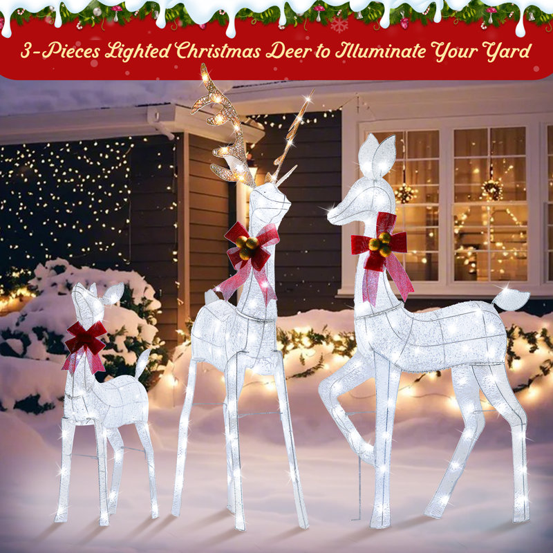 The Holiday Aisle® 3-Piece Light Up 3D White Reindeer Family Outdoor Christmas Decorations Set ...